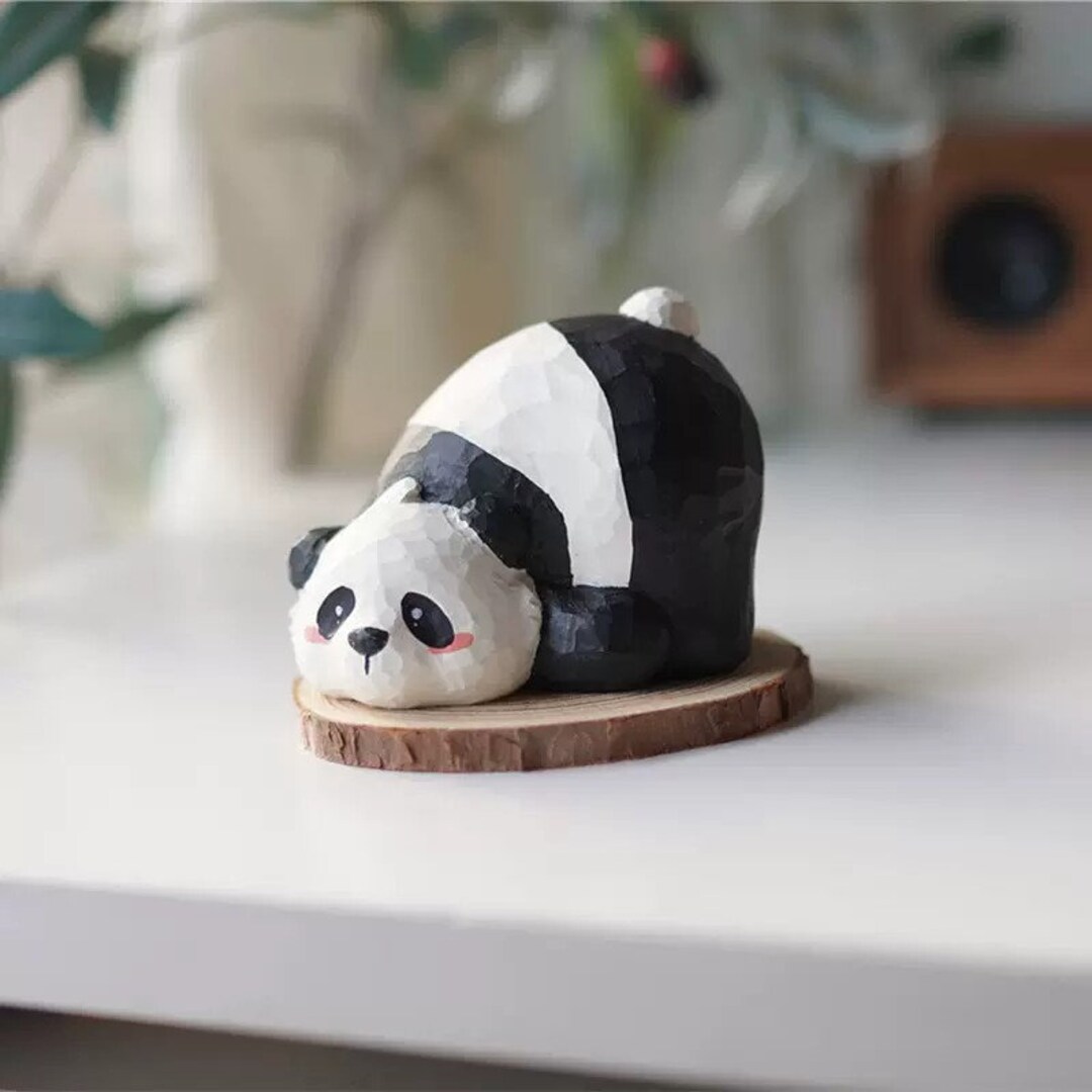 Wooden Panda Figurine/ Hand Engraving Panda Sculpture/ Handcrafted Wood ...