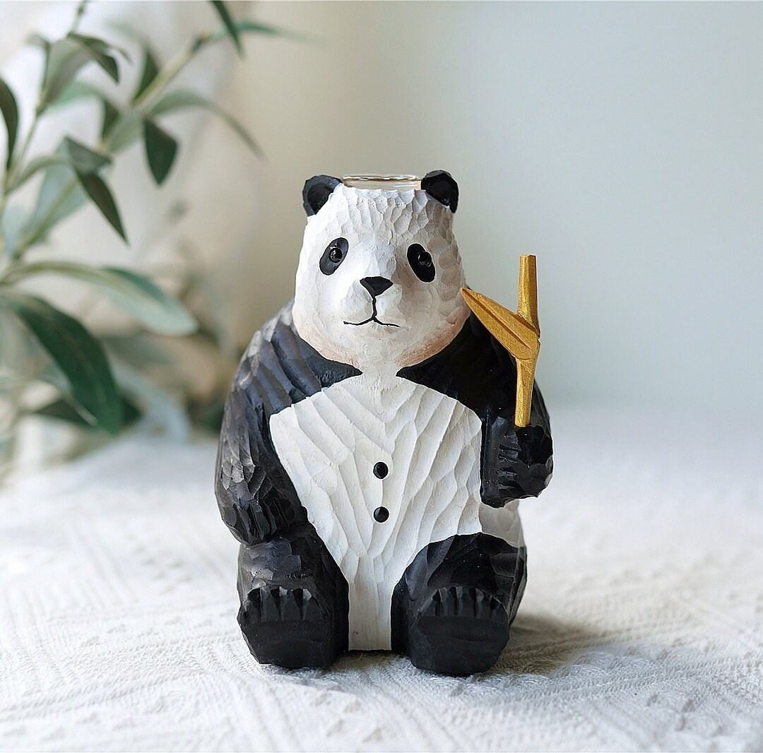 Wooden Panda Figurine/ Hand Engraving Panda Sculpture/ Wooden Carving ...