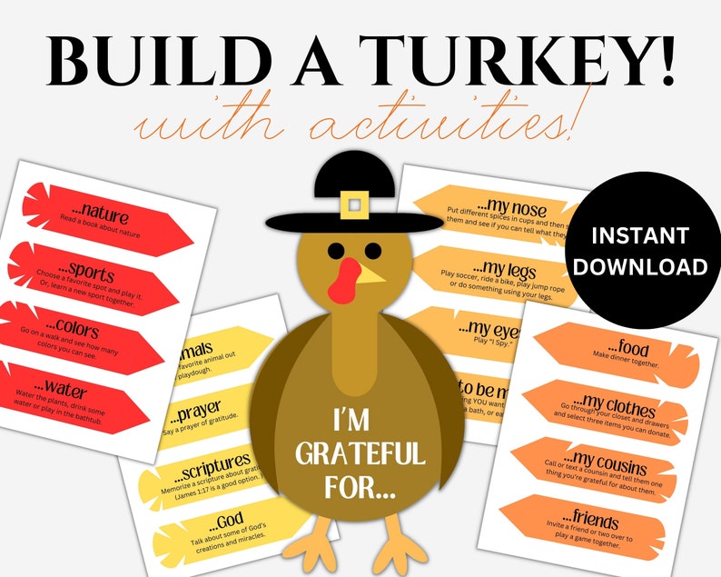 Build a Turkey Printable, Gratitude Activity, Thanksgiving Advent ...