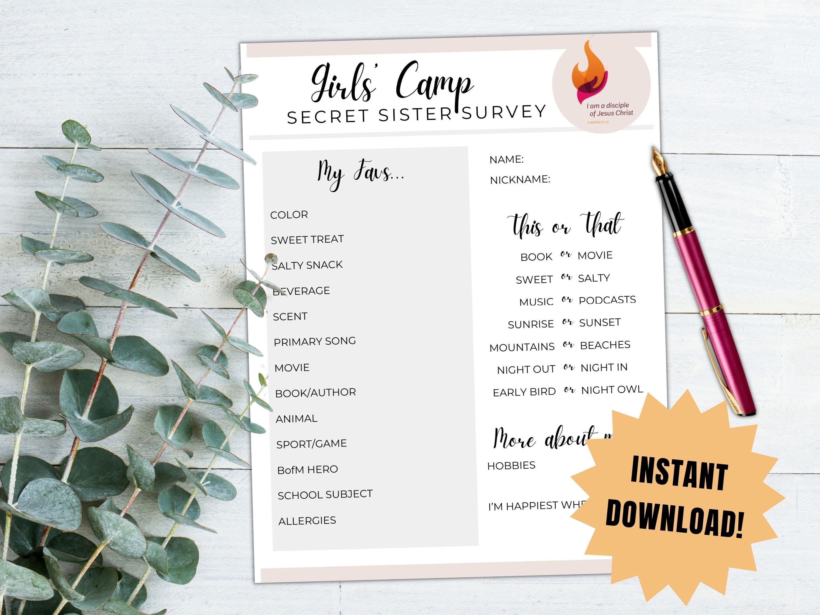 Printable Secret Sister Survey Yw Girls Camp Gift Exchange Download All ...