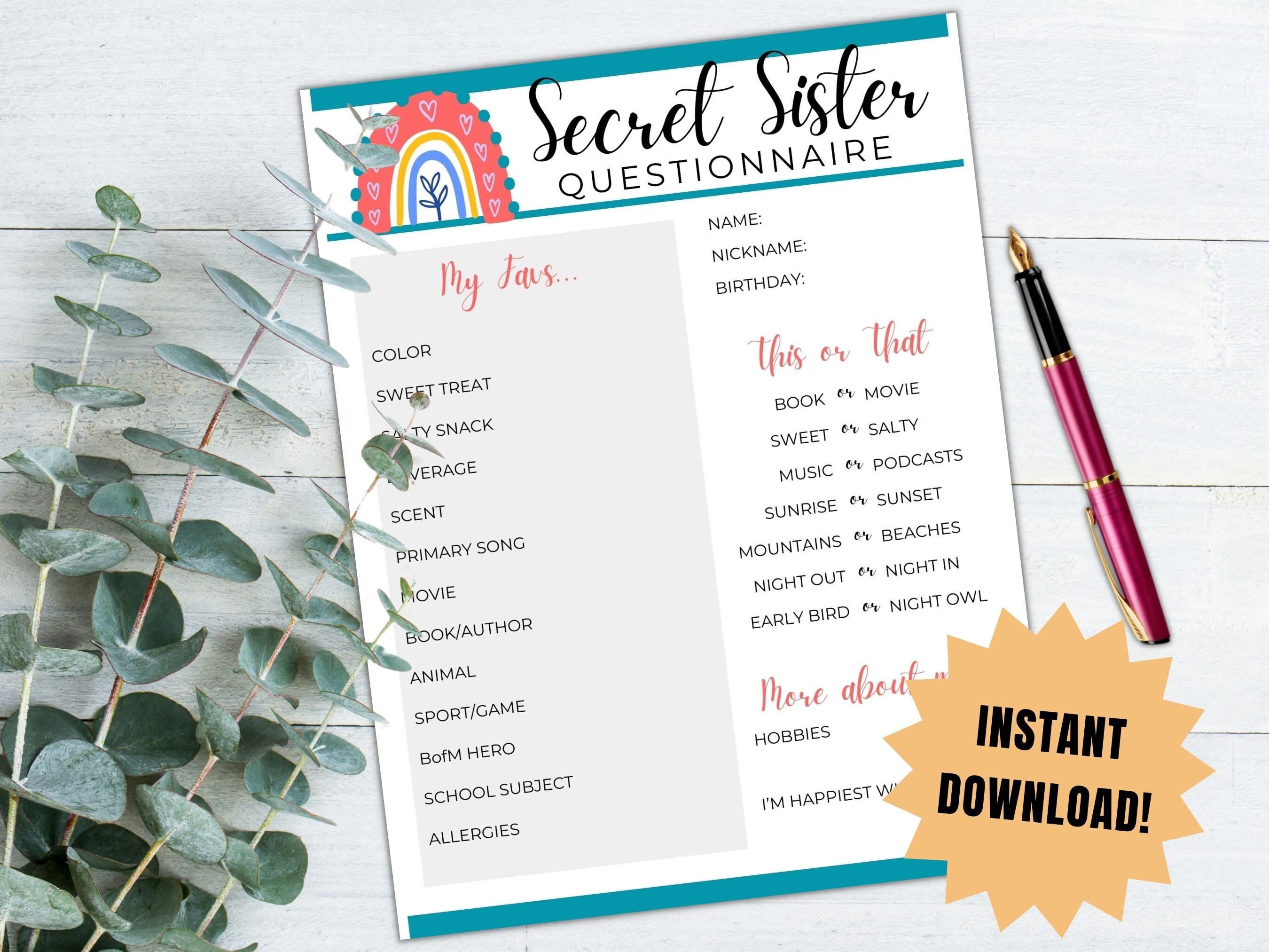 Printable Girls Camp Secret Sister Survey LDS Girls Camp Gift Exchange ...