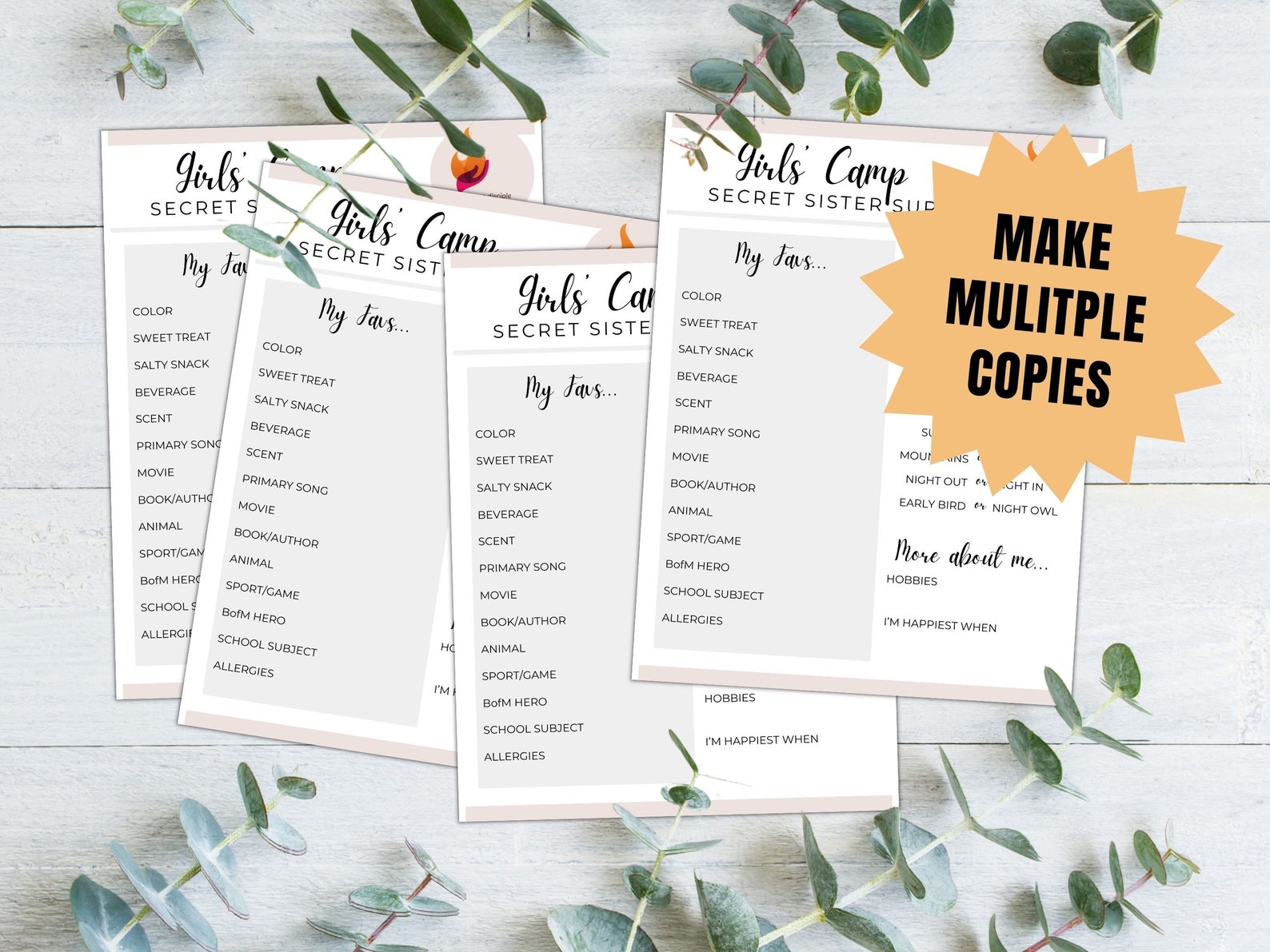 Girls Camp Secret Sister Survey: Printable Questionnaire (digital ...