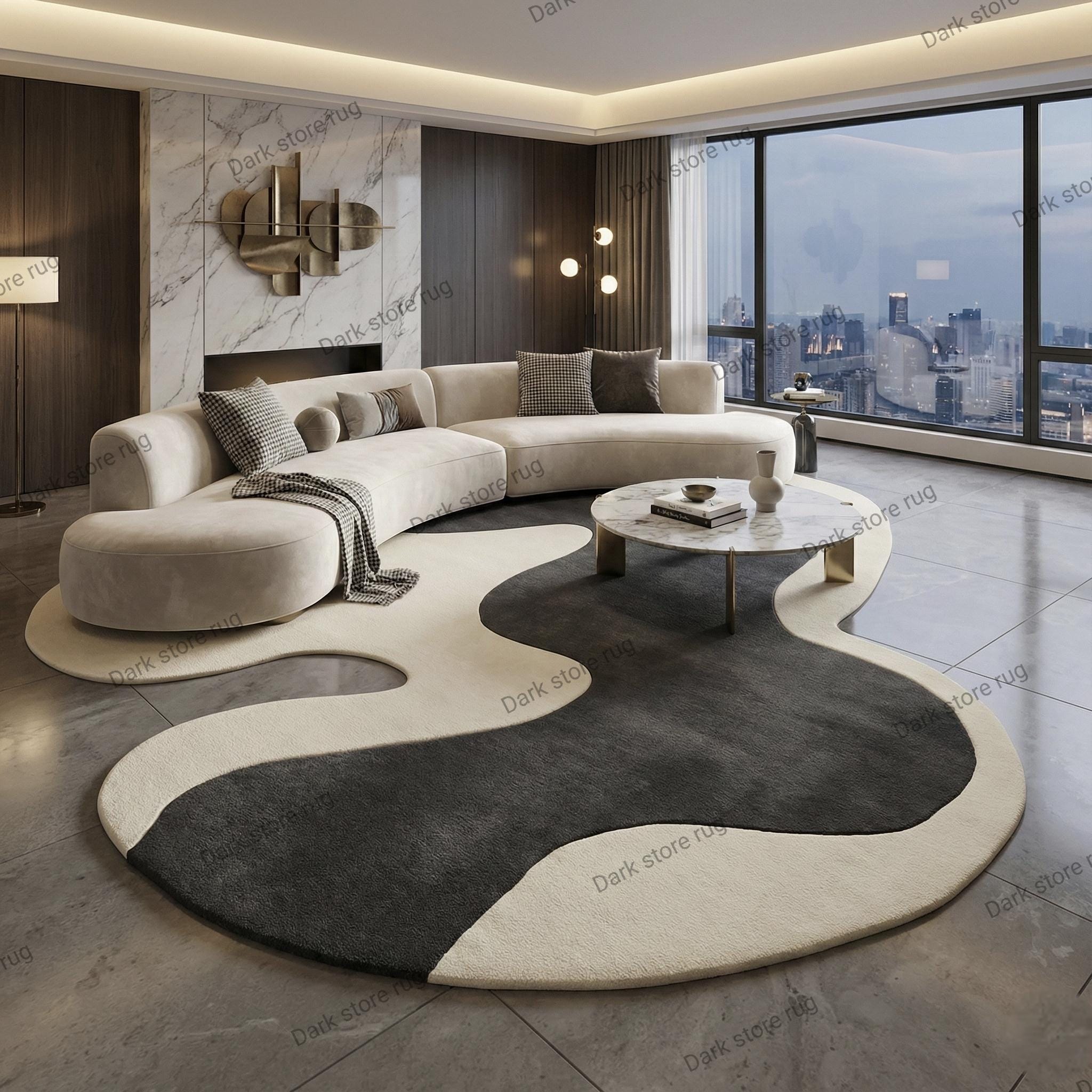 Hand Tufted Modern Abstract Amoeba Rug Black Ivory Irregular Shape Area ...