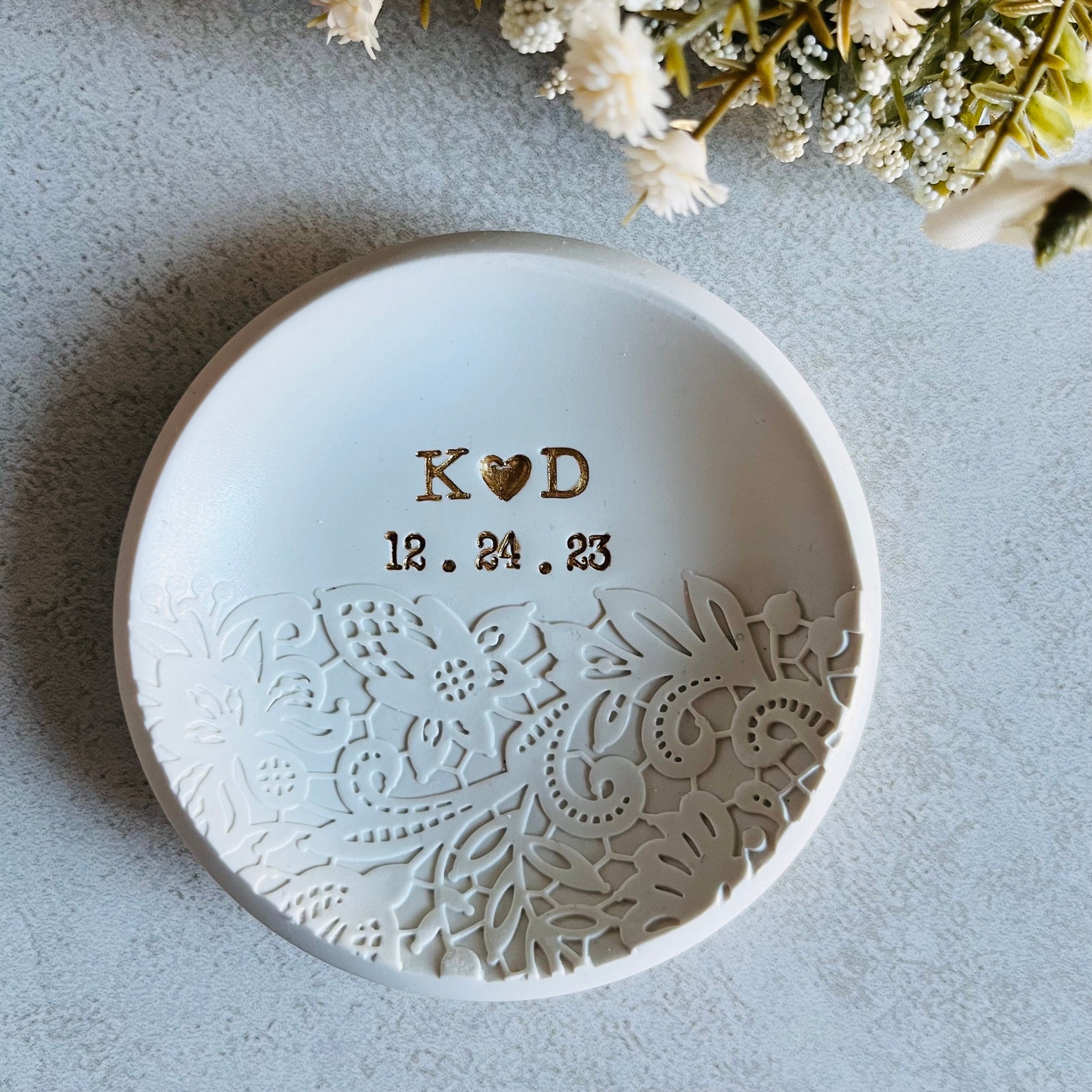 Lace Personalized Ring Dish, Custom Ring Holder, Flower 3d Embossed ...