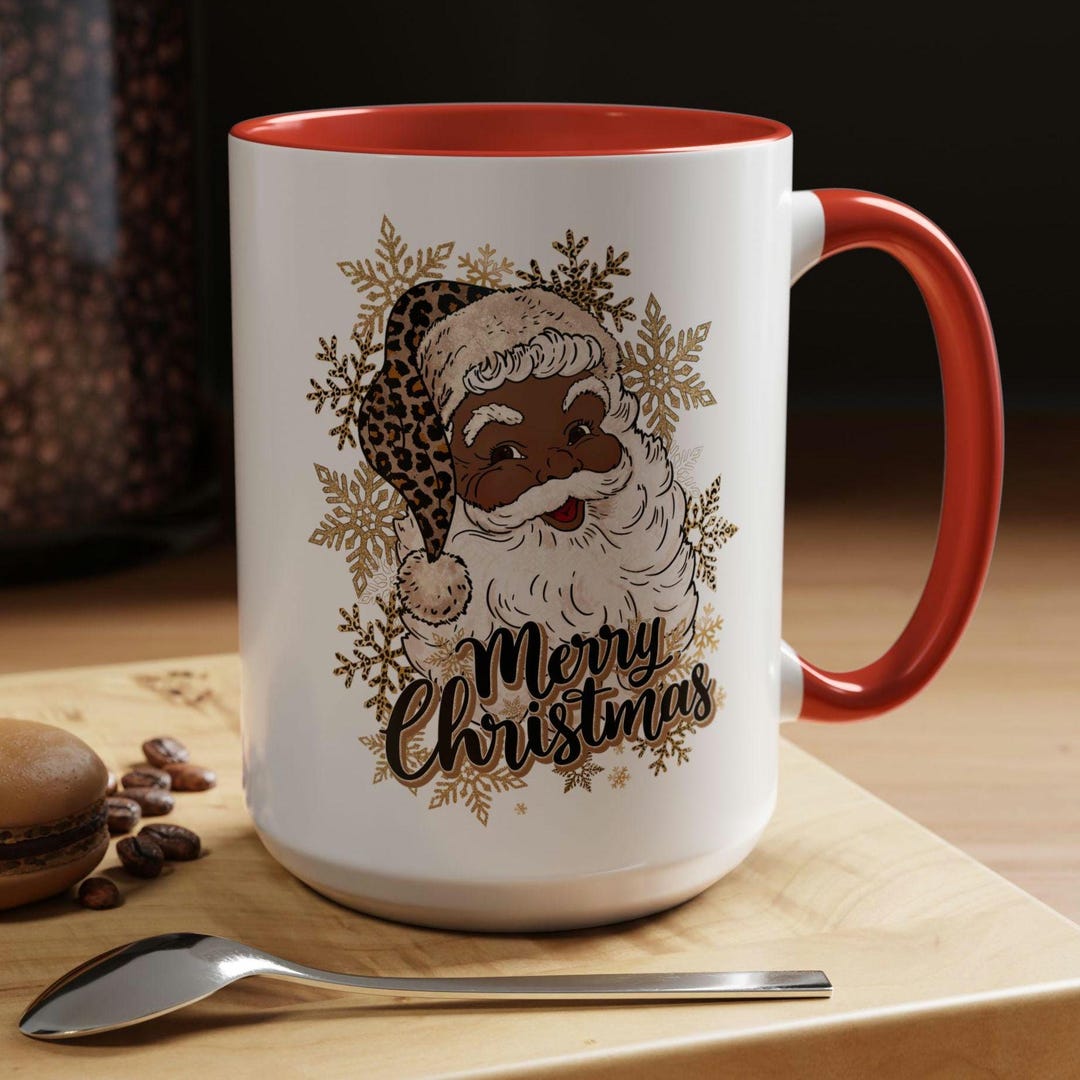Black Santa Christmas Coffee Mug Leopard Print Hat Holiday