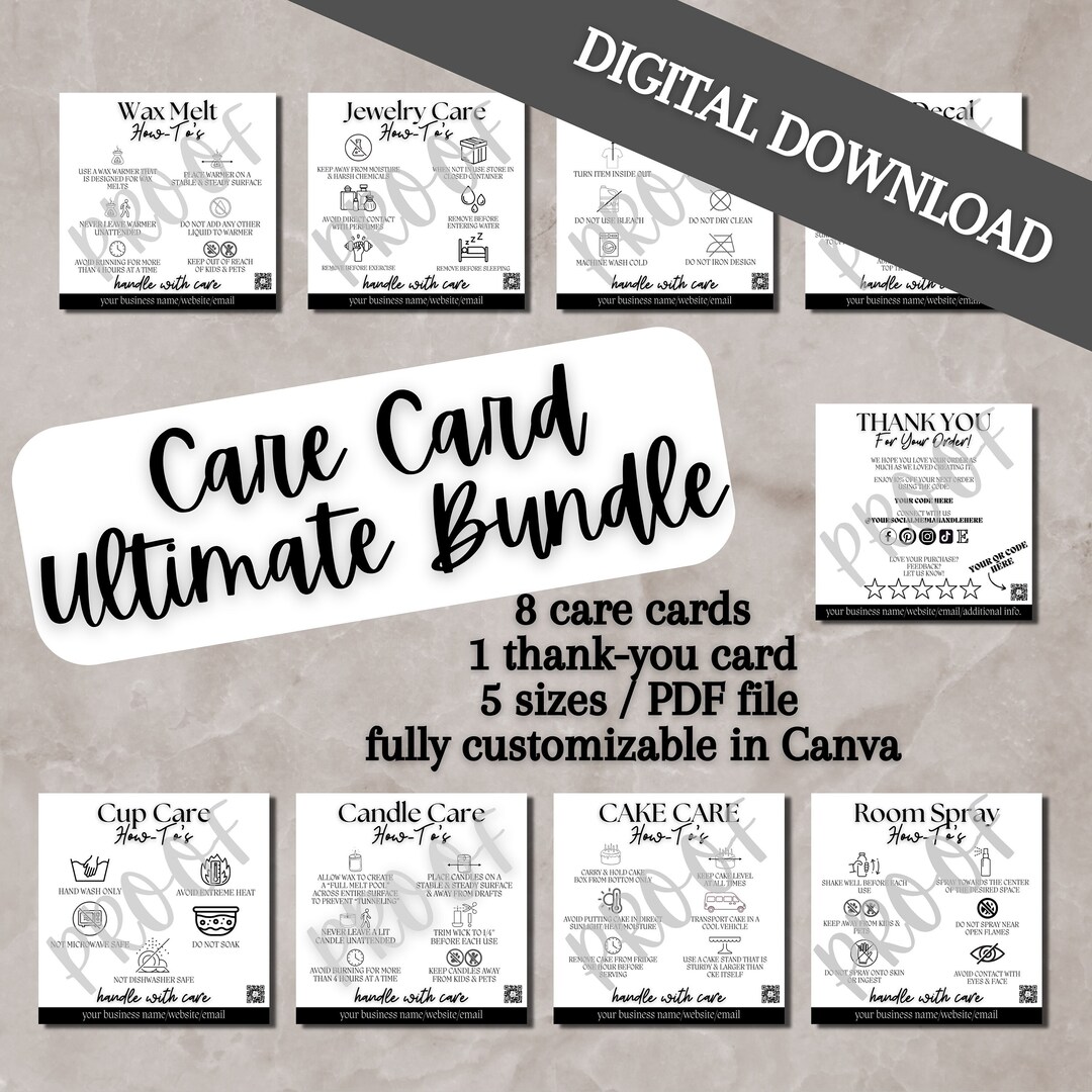 9 Care Card Bundle Pack / Digital Download / Candle Care Card / Washing ...
