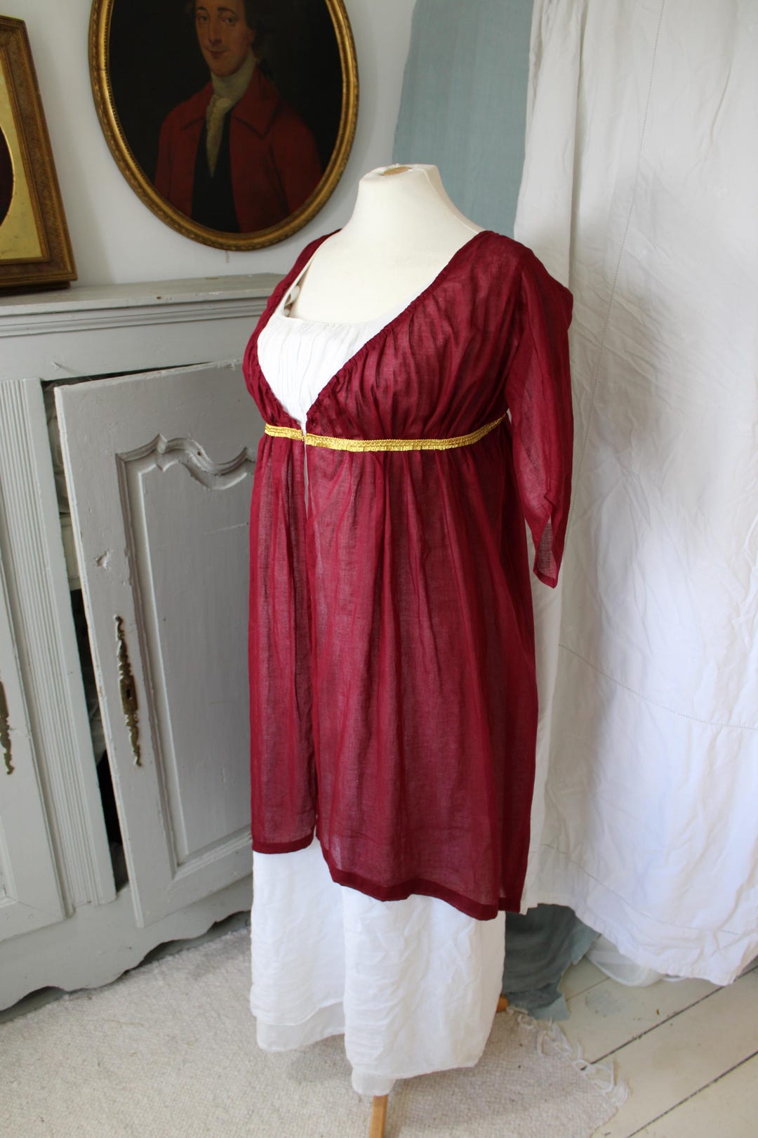 Regency Red and Gold Cotton Muslim Over Robe Dress in Romanesque Style ...