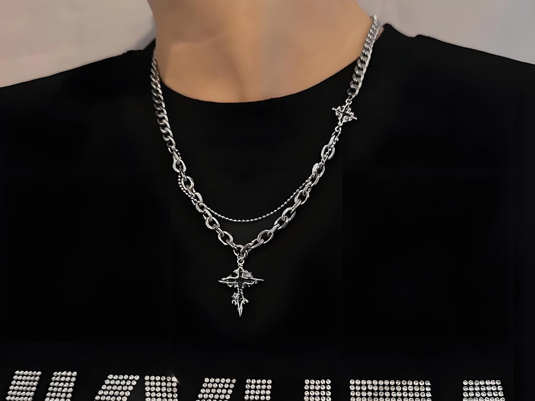 Gothic Cross Pendant Necklace – Layered Chain, Black Inlay, Christmas ...