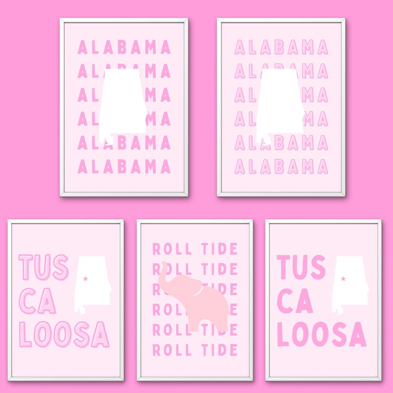 Set of 30 University of Alabama Dorm Wall Art Pink Digital Prints Bama ...