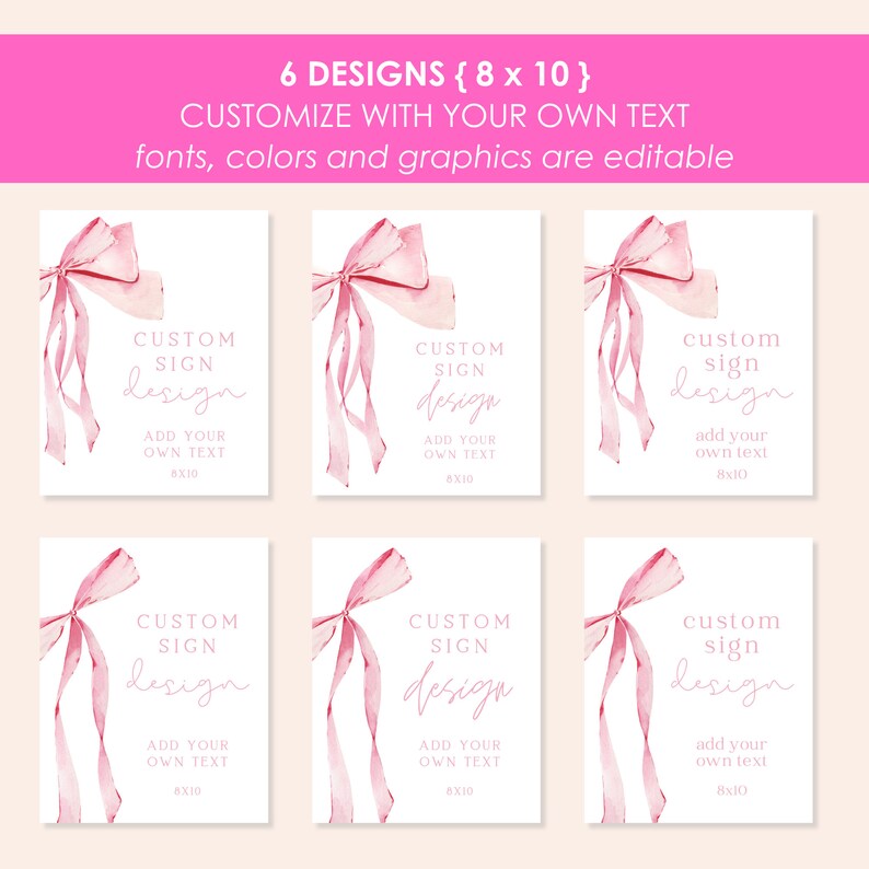 EDITABLE Coquette Pink Bow Sign Instant Download Watercolor Graduation ...