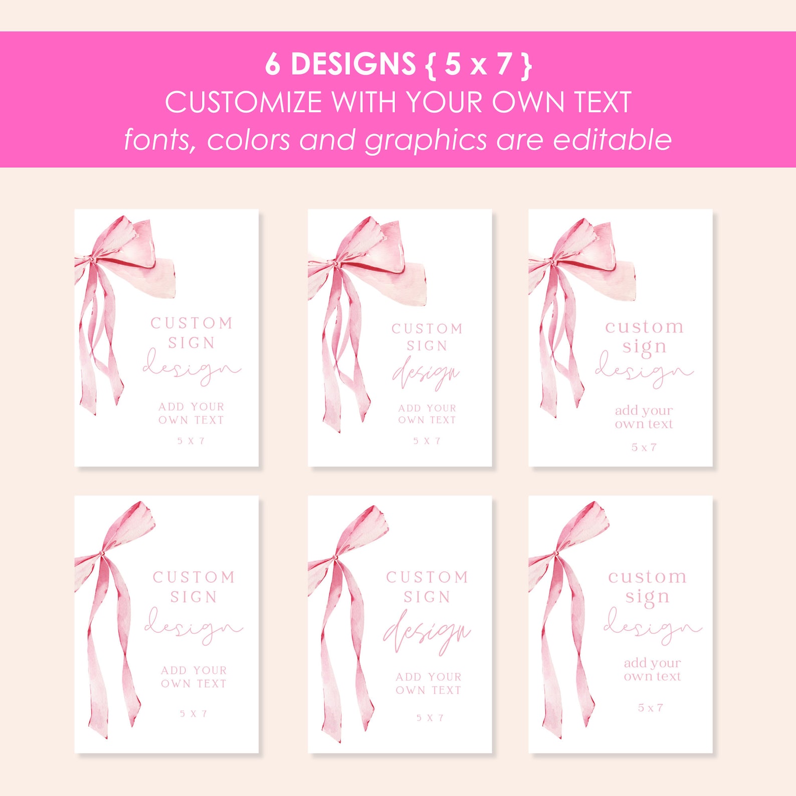 EDITABLE Coquette Pink Bow Sign Instant Download Watercolor Graduation ...
