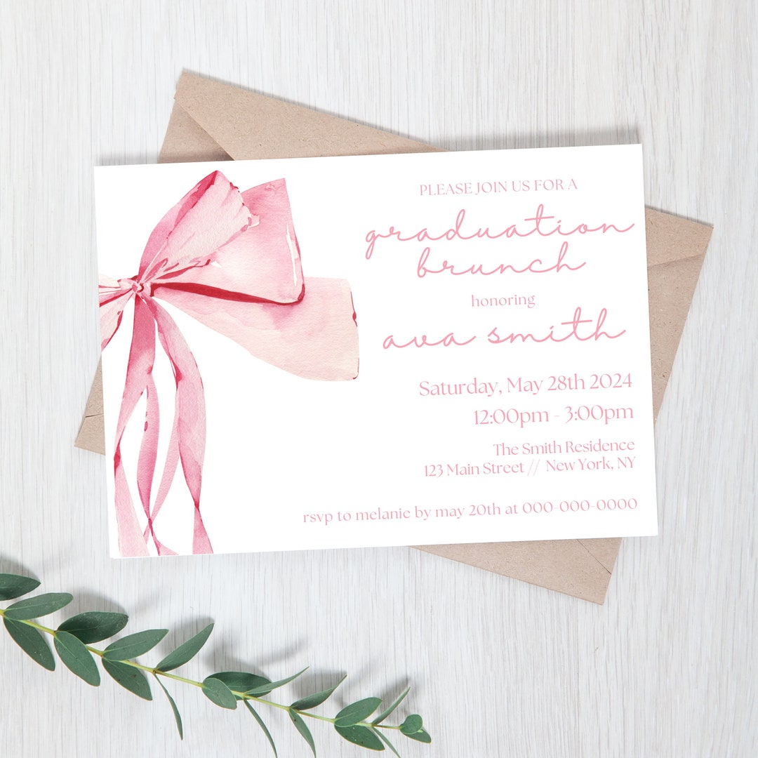 Editable Coquette Pink Bow Graduation Brunch Invitation (digital ...
