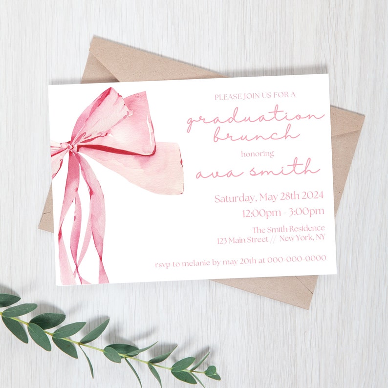 Editable Coquette Pink Bow Graduation Brunch Invitation (digital ...