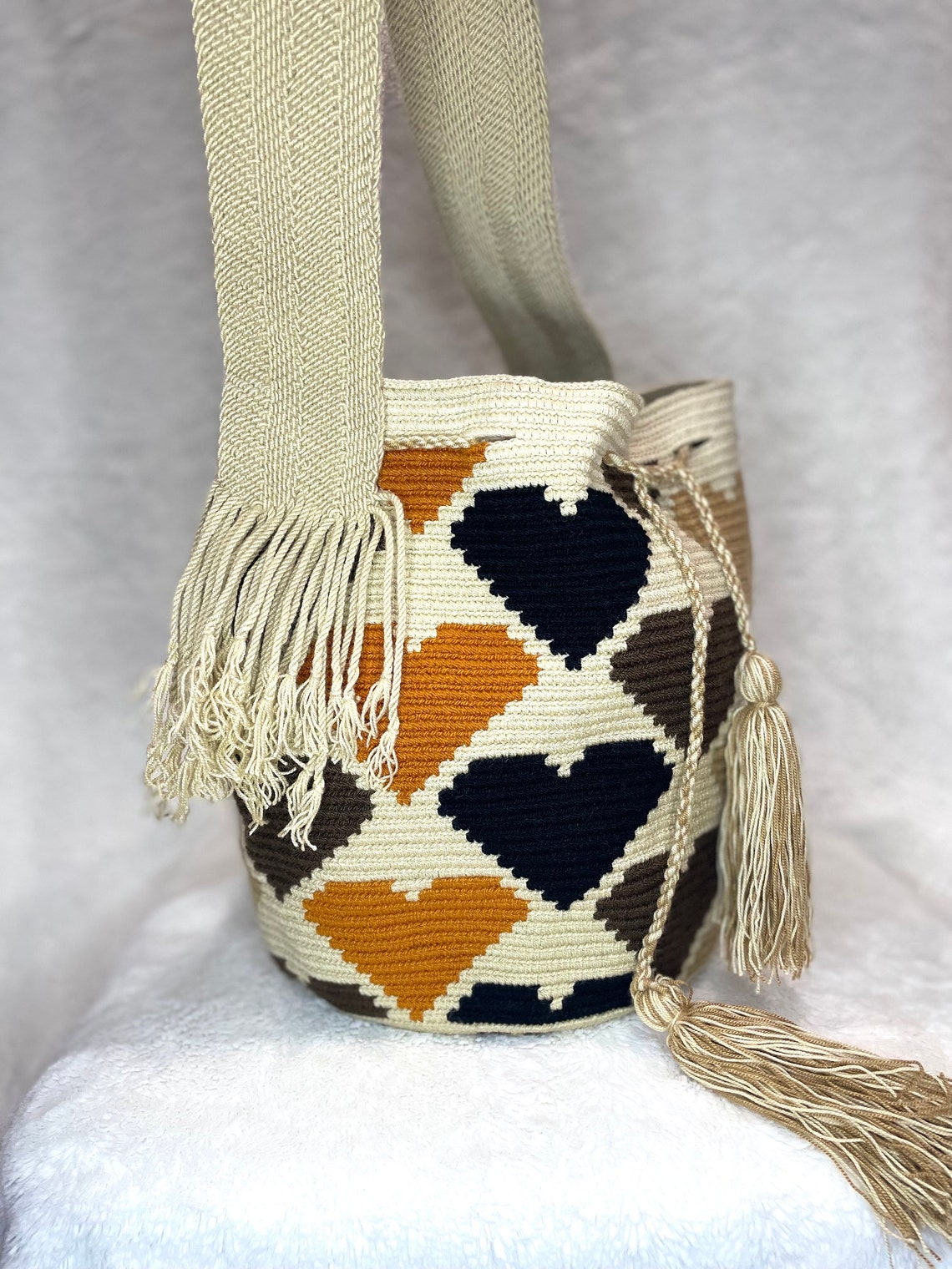 Crossbody Colombian Bag Mochila Wayuu, Black and Orange Heart Patterns ...