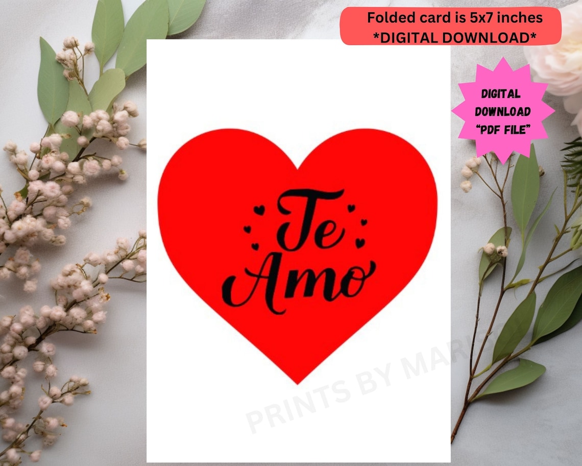 Te Amo Card, Te Amo Greeting Card, Printable File, PDF File, I Love You in Spanish Card ...