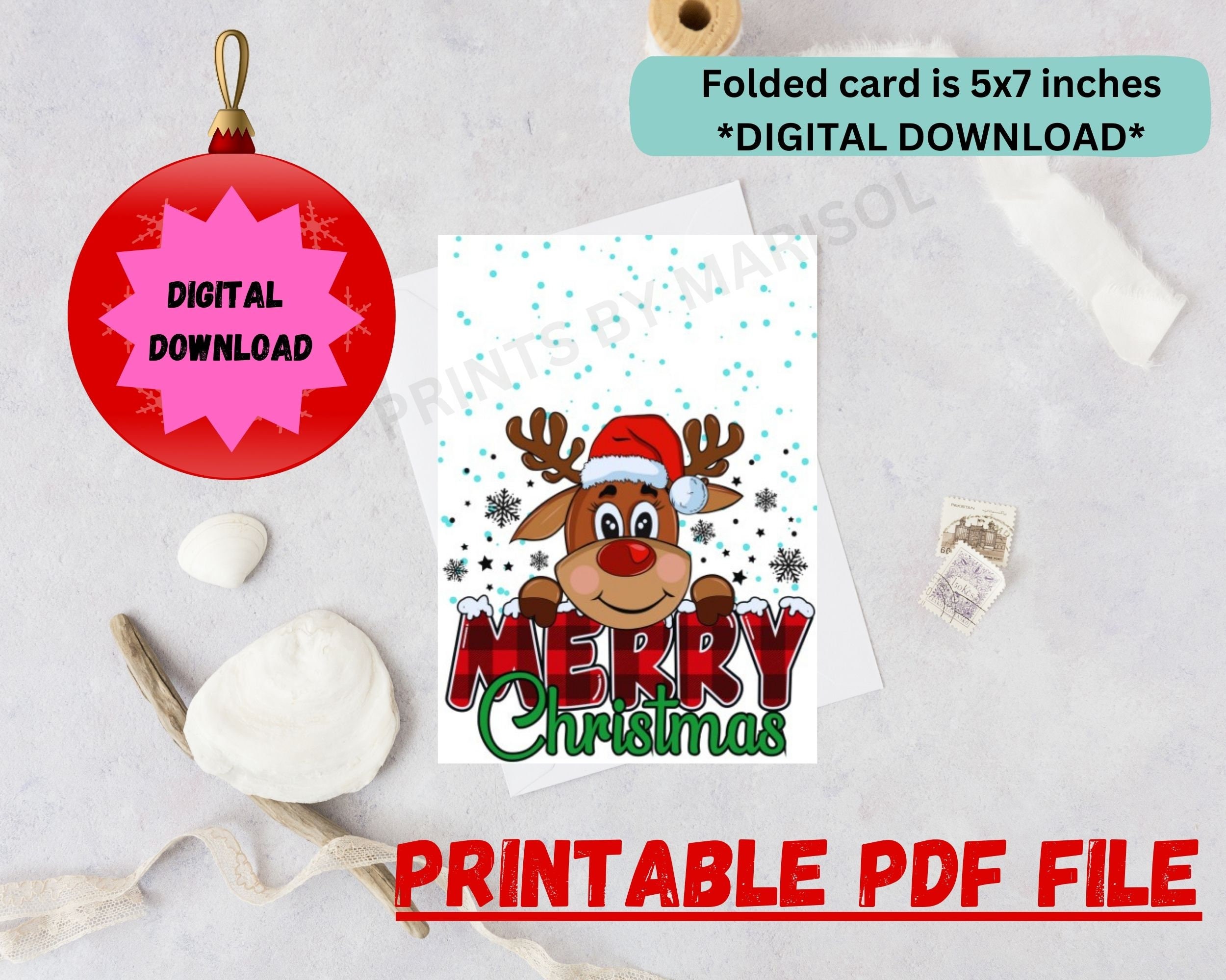 Printable Reindeer Card, Christmas Card, Merry Christmas Printable ...