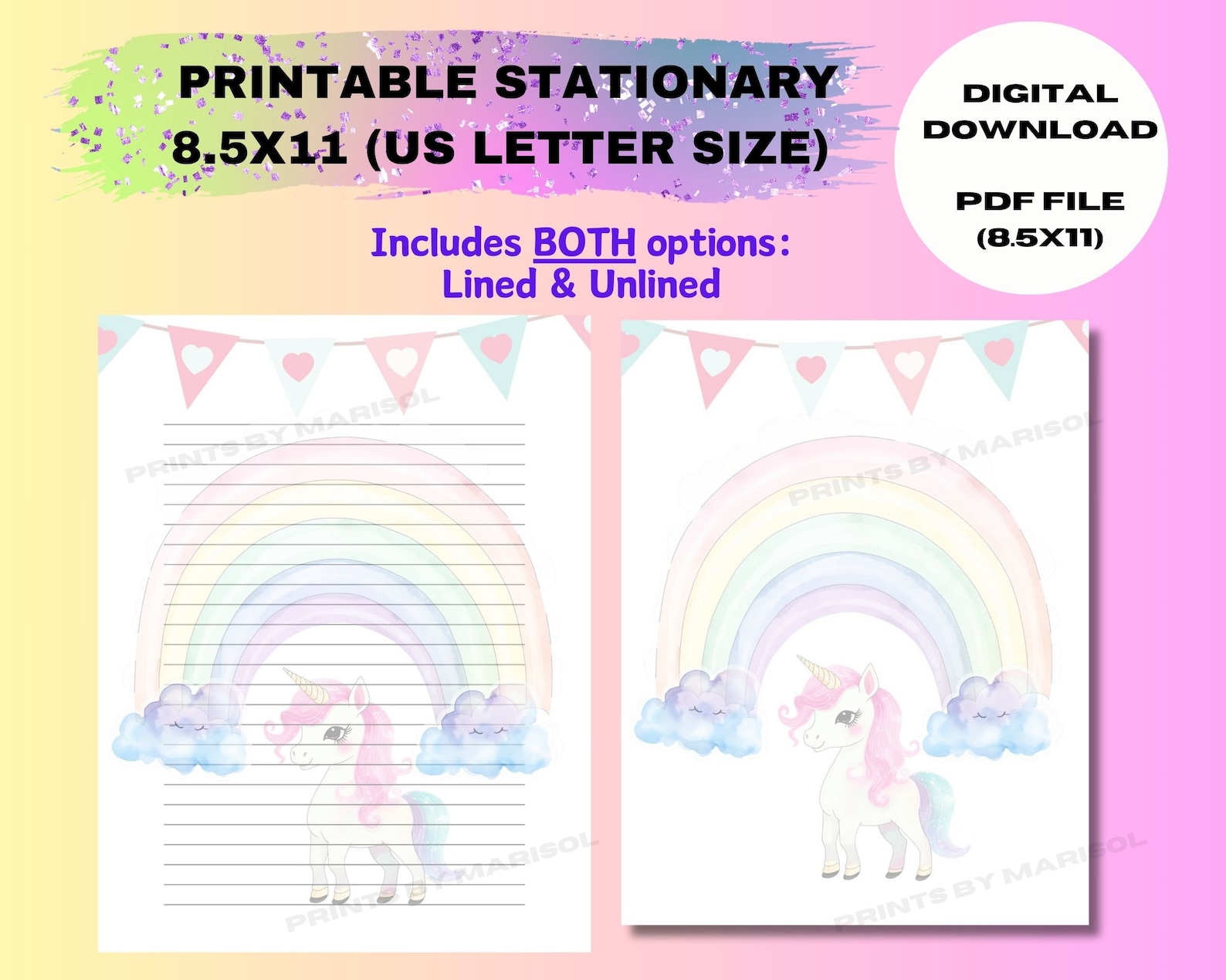 Printable Rainbow & Unicorn Stationary Paper, Digital Stationary ...