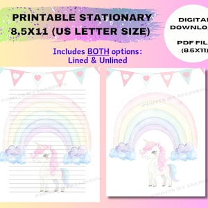 Printable Rainbow & Unicorn Stationary Paper, Digital Stationary ...