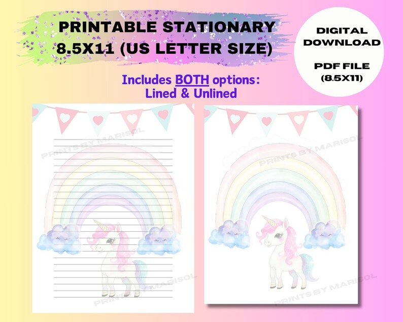 Printable Rainbow & Unicorn Stationary Paper, Digital Stationary ...