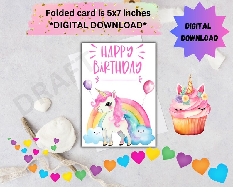 Printable Unicorn Card, Rainbow Unicorn Card, Greeting Cards, Digital ...