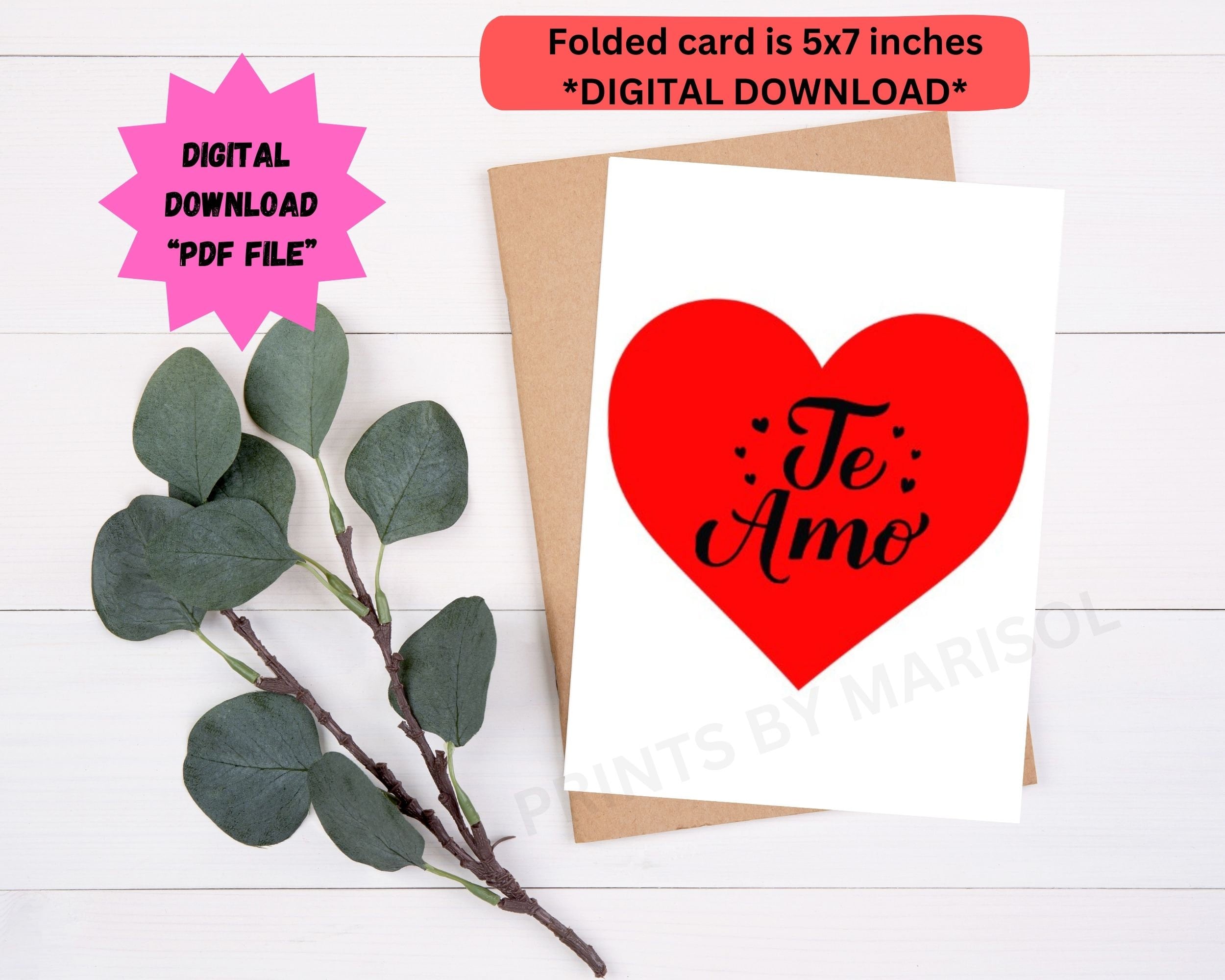 Te Amo Card, Te Amo Greeting Card, Printable File, PDF File, I Love You in Spanish Card ...