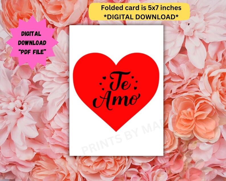 Te Amo Card Te Amo Greeting Card Printable File Pdf File I Love You