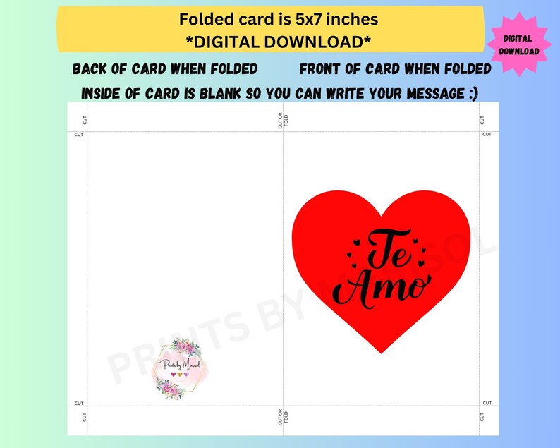 Te Amo Card, Te Amo Greeting Card, Printable File, PDF File, I Love You ...