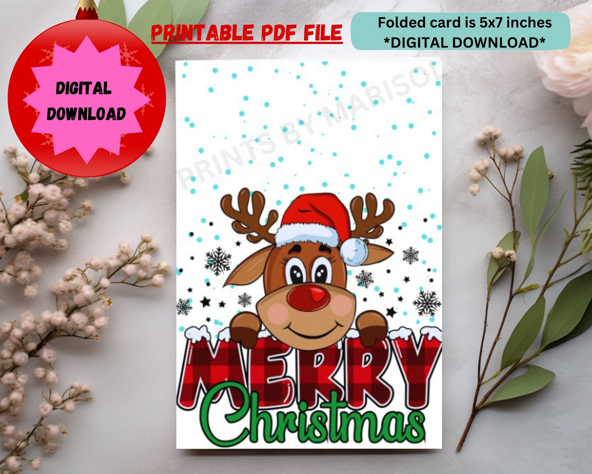 Printable Reindeer Card, Christmas Card, Merry Christmas Printable ...