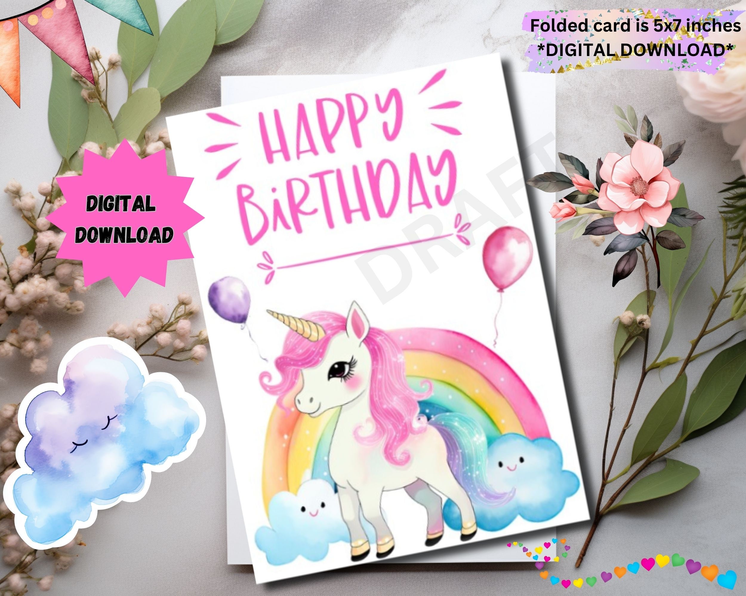 Printable Unicorn Card, Rainbow Unicorn Card, Greeting Cards, Digital ...