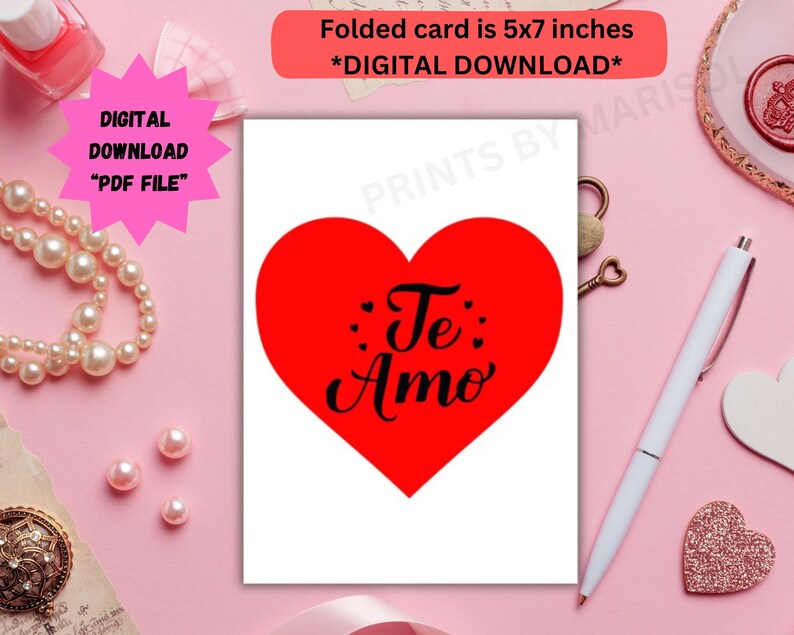 Te Amo Card, Te Amo Greeting Card, Printable File, PDF File, I Love You ...