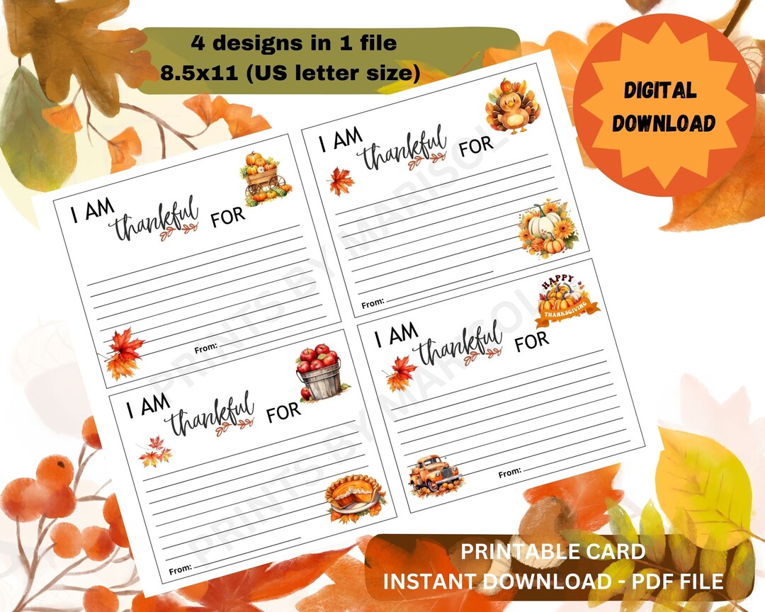 Printable Thanksgiving Thankful for Cards, I Am Thankful for Cards ...