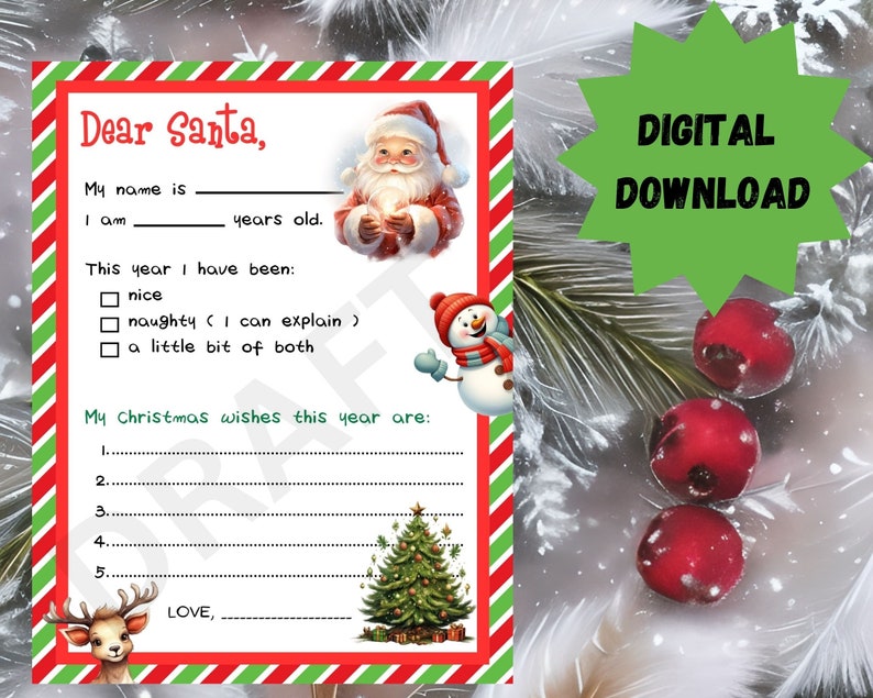 PRINTABLE Letter to Santa, Santa Claus, Digital Download, Santa Wish ...
