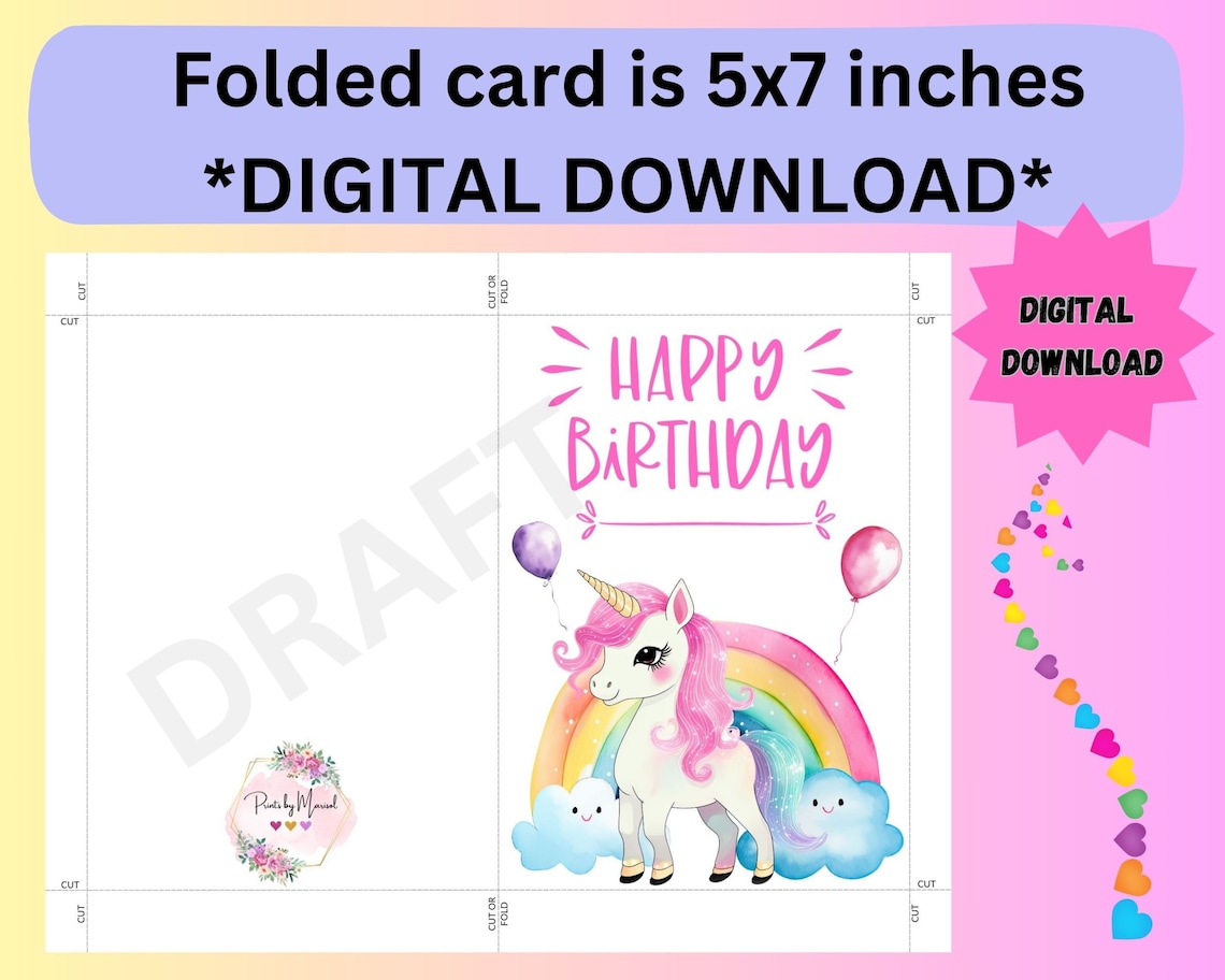 Printable Unicorn Card, Rainbow Unicorn Card, Greeting Cards, Digital ...