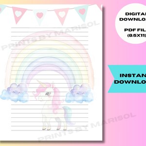 Printable Rainbow & Unicorn Stationary Paper, Digital Stationary ...
