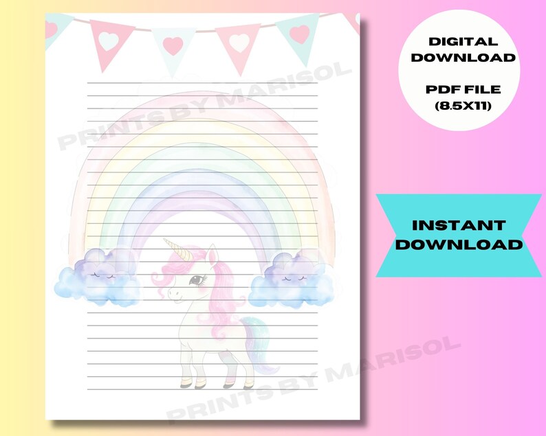 Printable Rainbow & Unicorn Stationary Paper, Digital Stationary ...