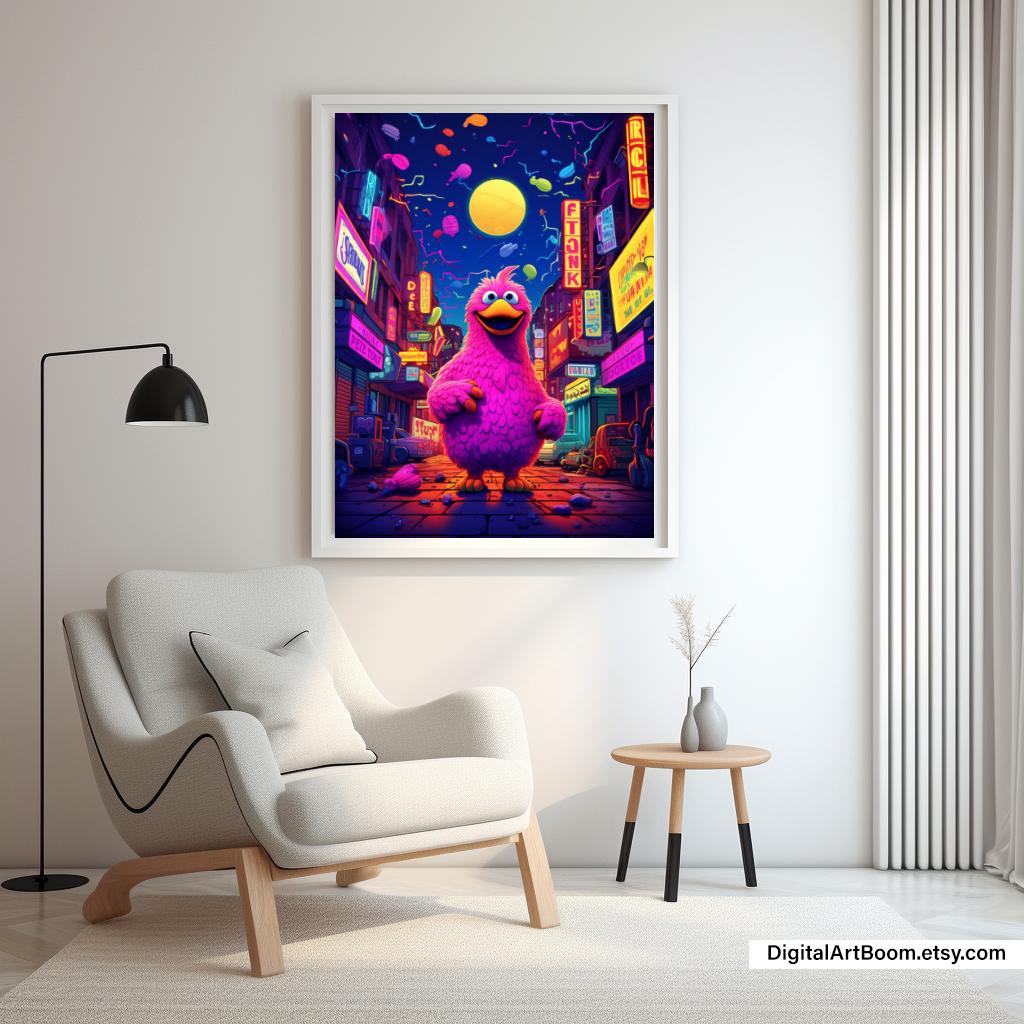 Cool Neon Sesame Street, Big Bird Art Print Pink, Blue and Yellow Scene ...