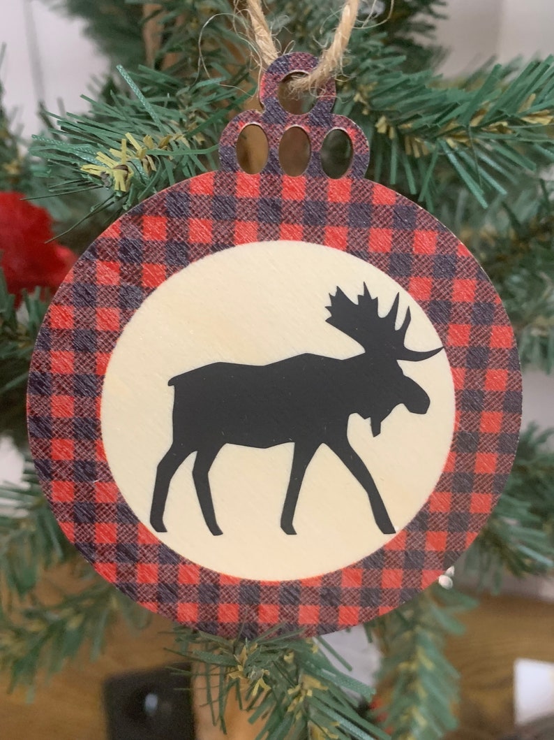 Moose Ornaments Bear Ornament Wood Buffalo Plaid Ornaments Red Black ...