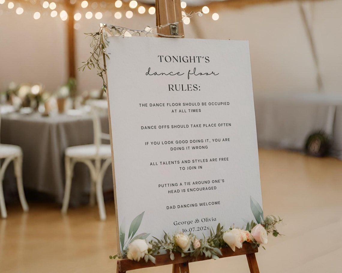 Wedding Dance Floor Rules Sign Olive Template 5 Different Sizes Leaves ...
