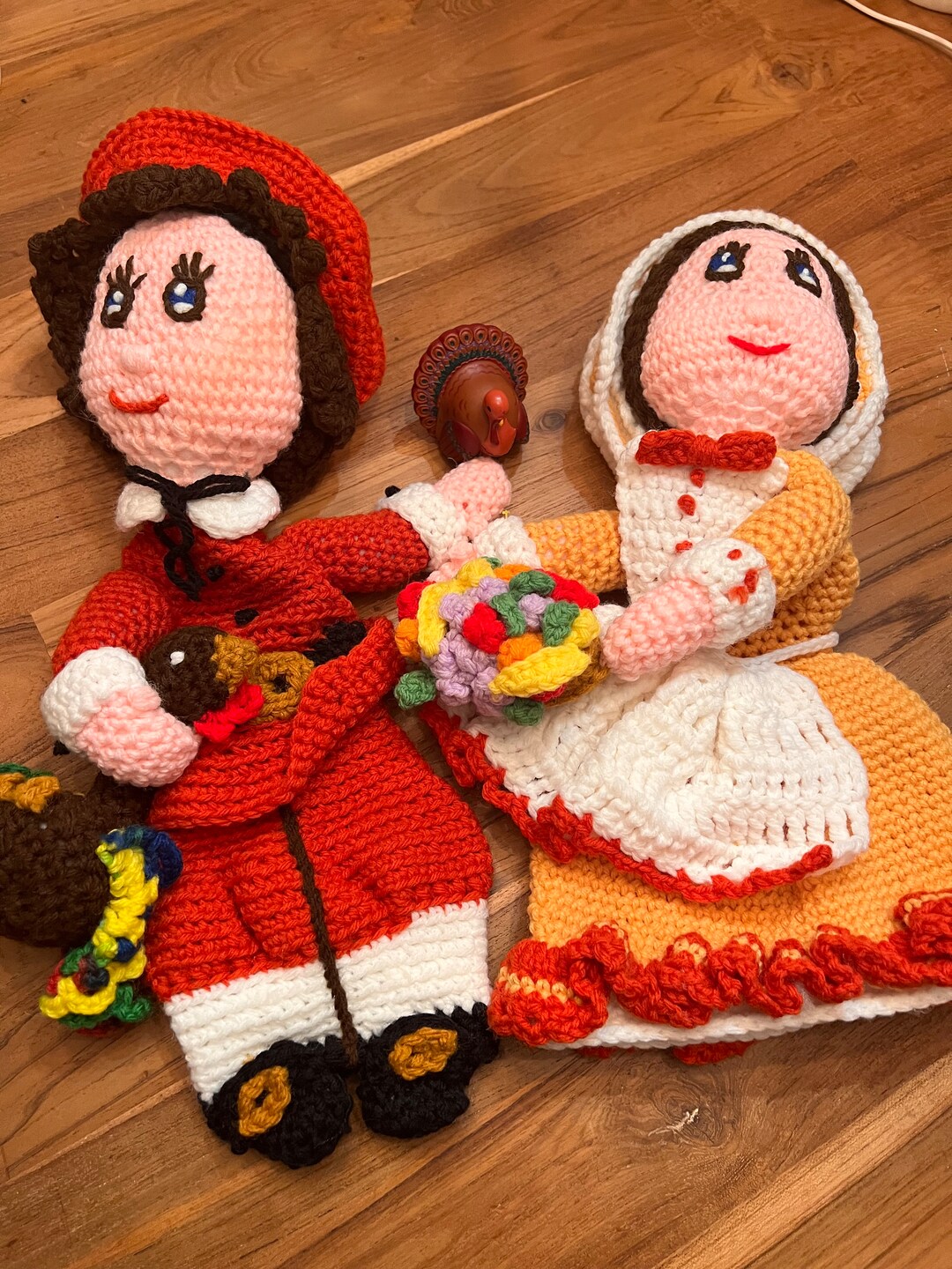 Large Handmade Crochet Plush Pilgrim Boy and Girl Holding A Turkey and ...