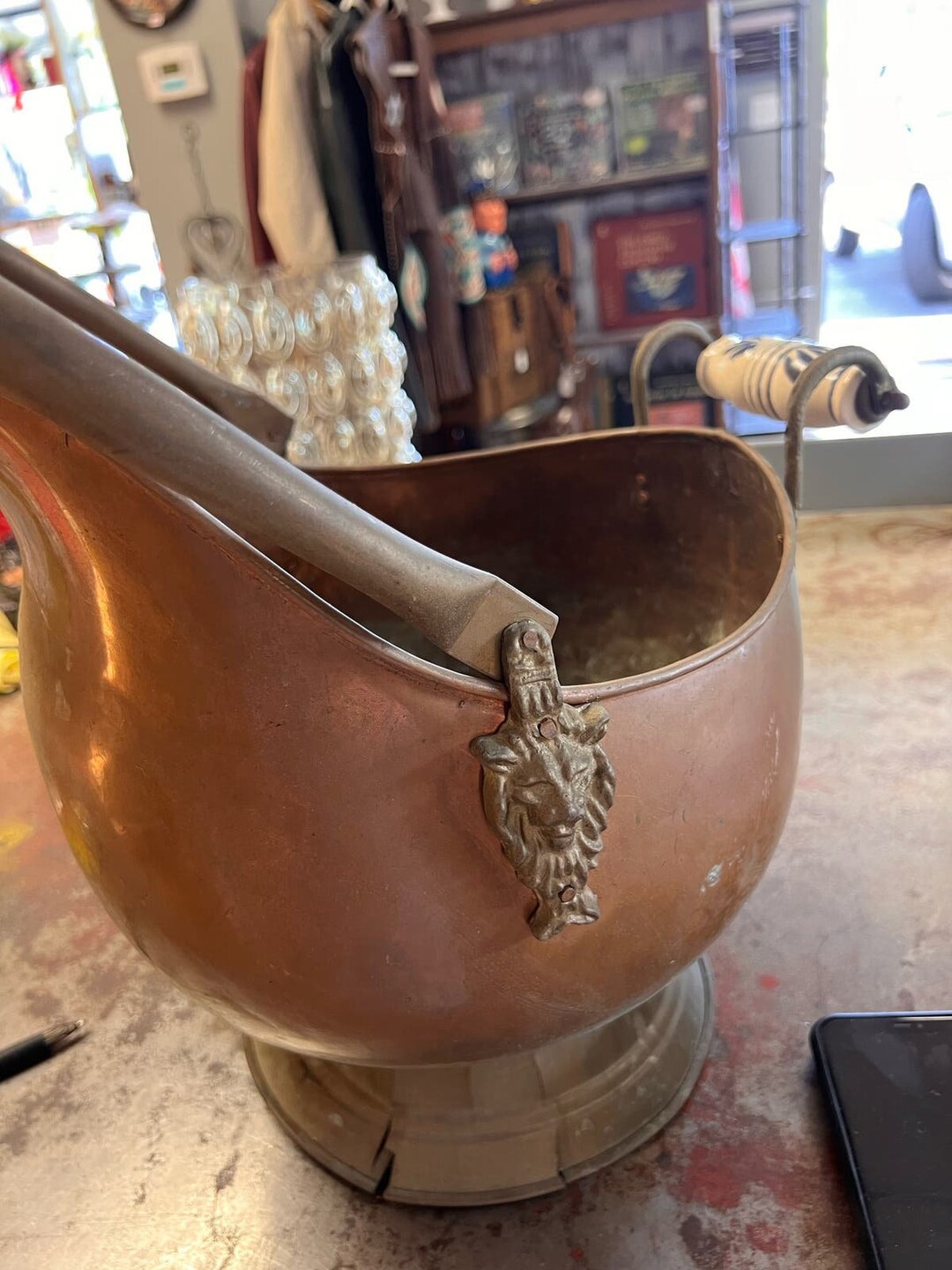 Antique Large Copper Coal Scuttle Bucket W/delft Porcelain Handle, Lion ...
