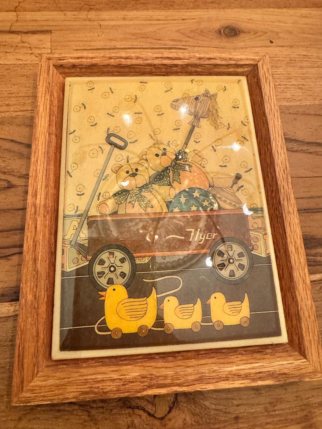 Vintage Kimberly Enterprises Tile Art Trivet Scene Red Wagon Teddy ...