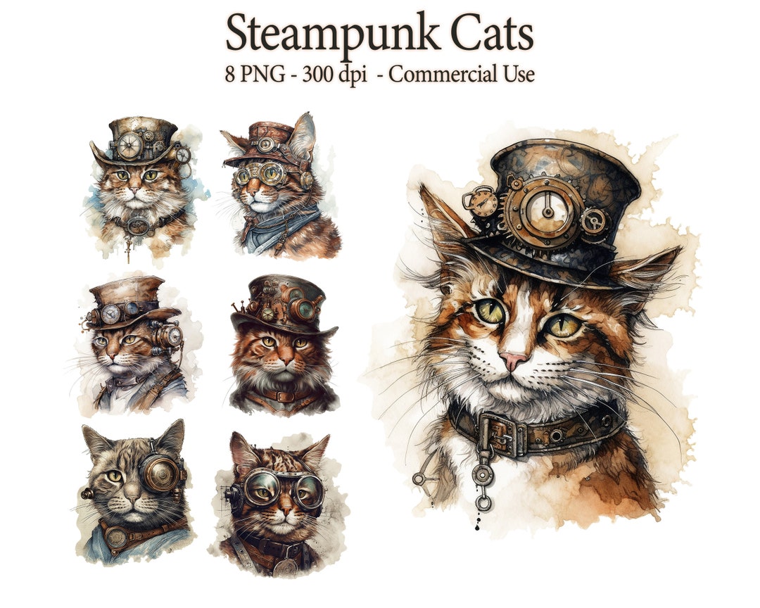 8 Files Steampunk Cats Clipart Bundle Watercolor Pngs Cat Breeds ...