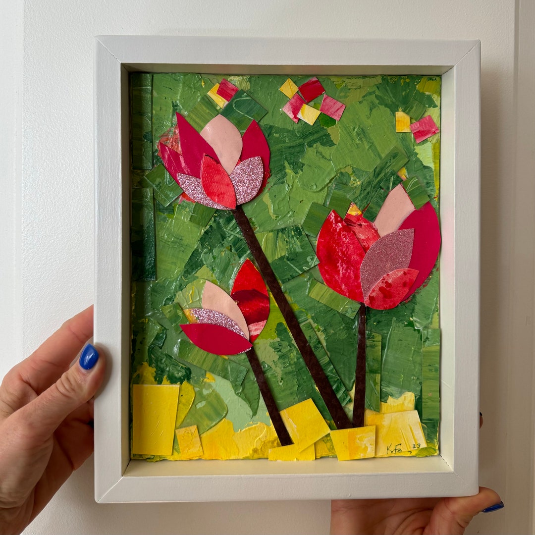 One of a Kind Collage Painting With Handmade Wooden Frame Approx. 9 ...