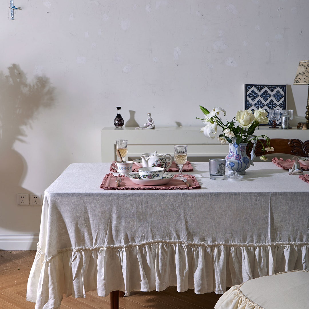Ruffled Linen Tablecloth, Ivory White Dining Table Cover, Romantic ...