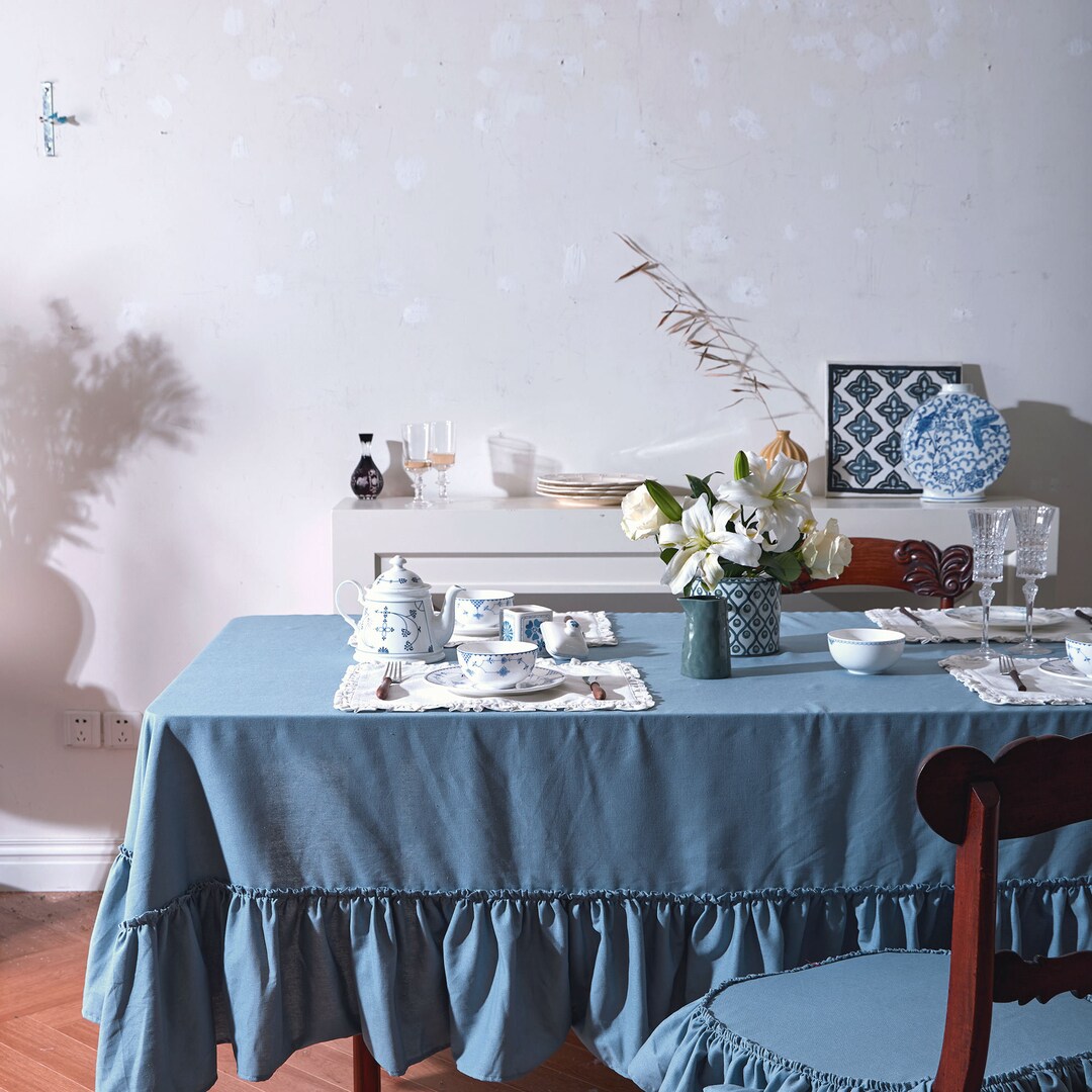 Azure Blue Tablecloth Ruffled Edge Design Elegant Minimalist Dining ...