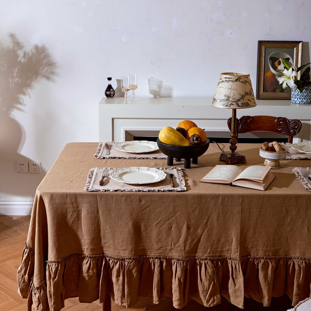 Terra Mauve Ruffled Linen Viscose Tablecloth, Elegant Dining Table ...