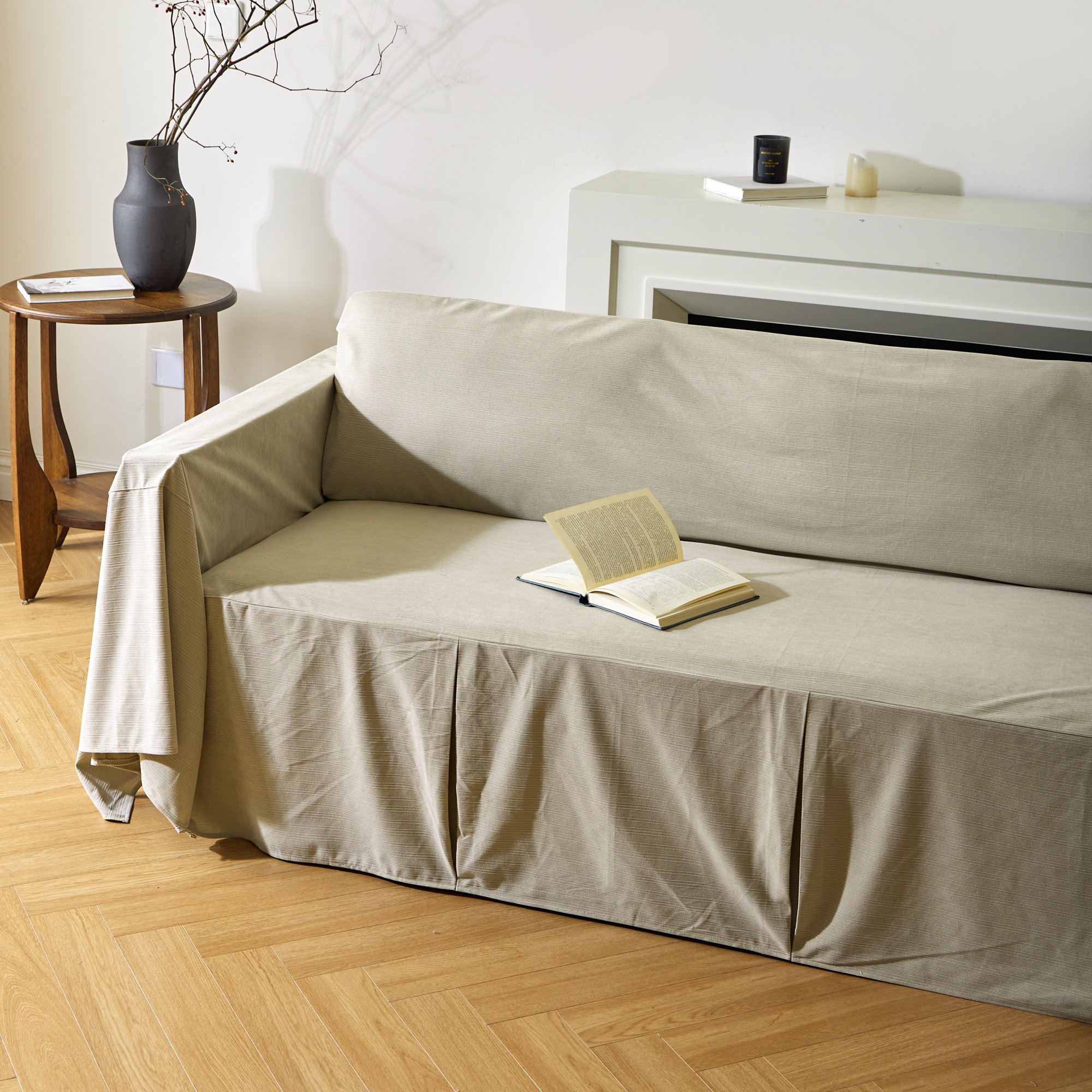 Elegant Light Beige Velvet Sofa Cover Custom Textured Slipcover ...