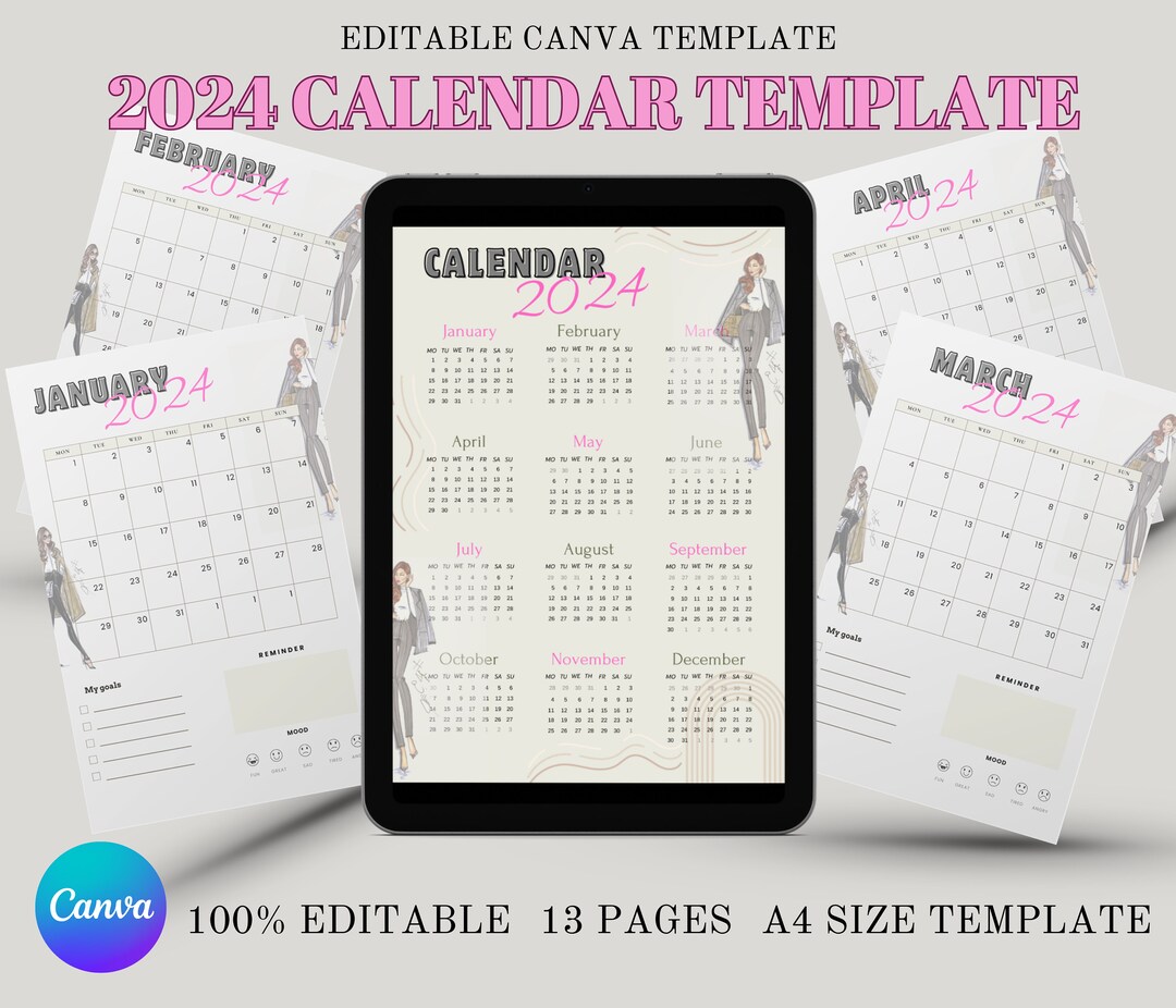 2024 Aesthetic Canva Editable Calendar Template A4 Size & Sunday Start ...