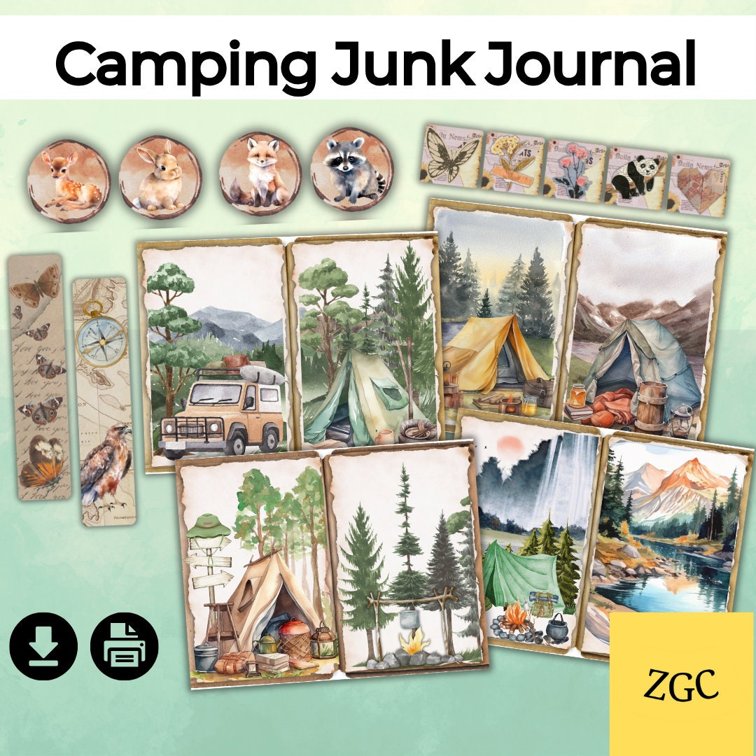 18 Printable Junk Journal Pages, Junk Journal Kit for Camping, Junk ...