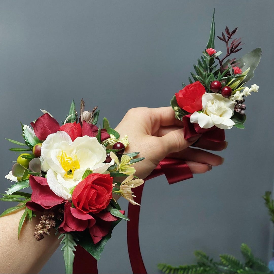 Red Wedding Corsage With White Flower, Rustic Bride Corsage, Red ...